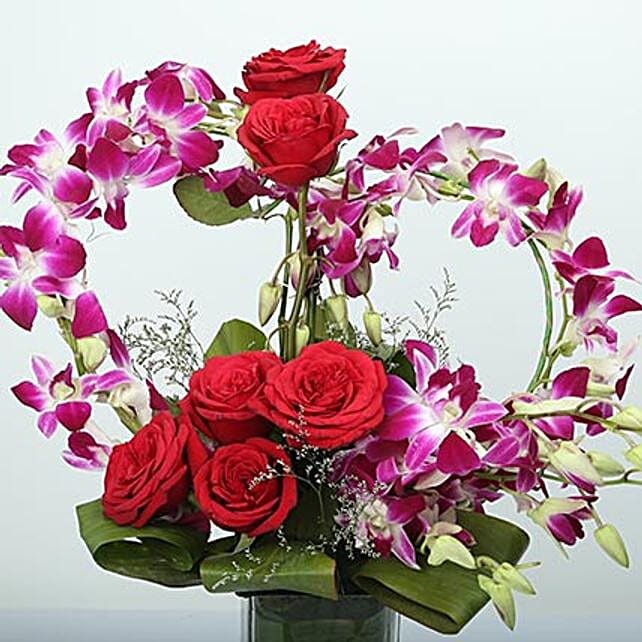 Rose and Orchid Arrangement | Gift Red rose, purple orchid arrangement ...